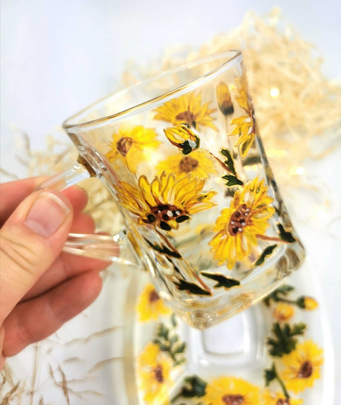 Hand Painted Yellow Daisies Flowers Glass Mug Tea Coffee Set | Etsy