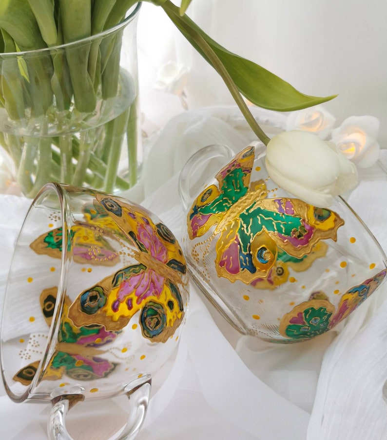 Hand Painted Rainbow Butterfly Big Glass Mug Butterfly Cup - Etsy