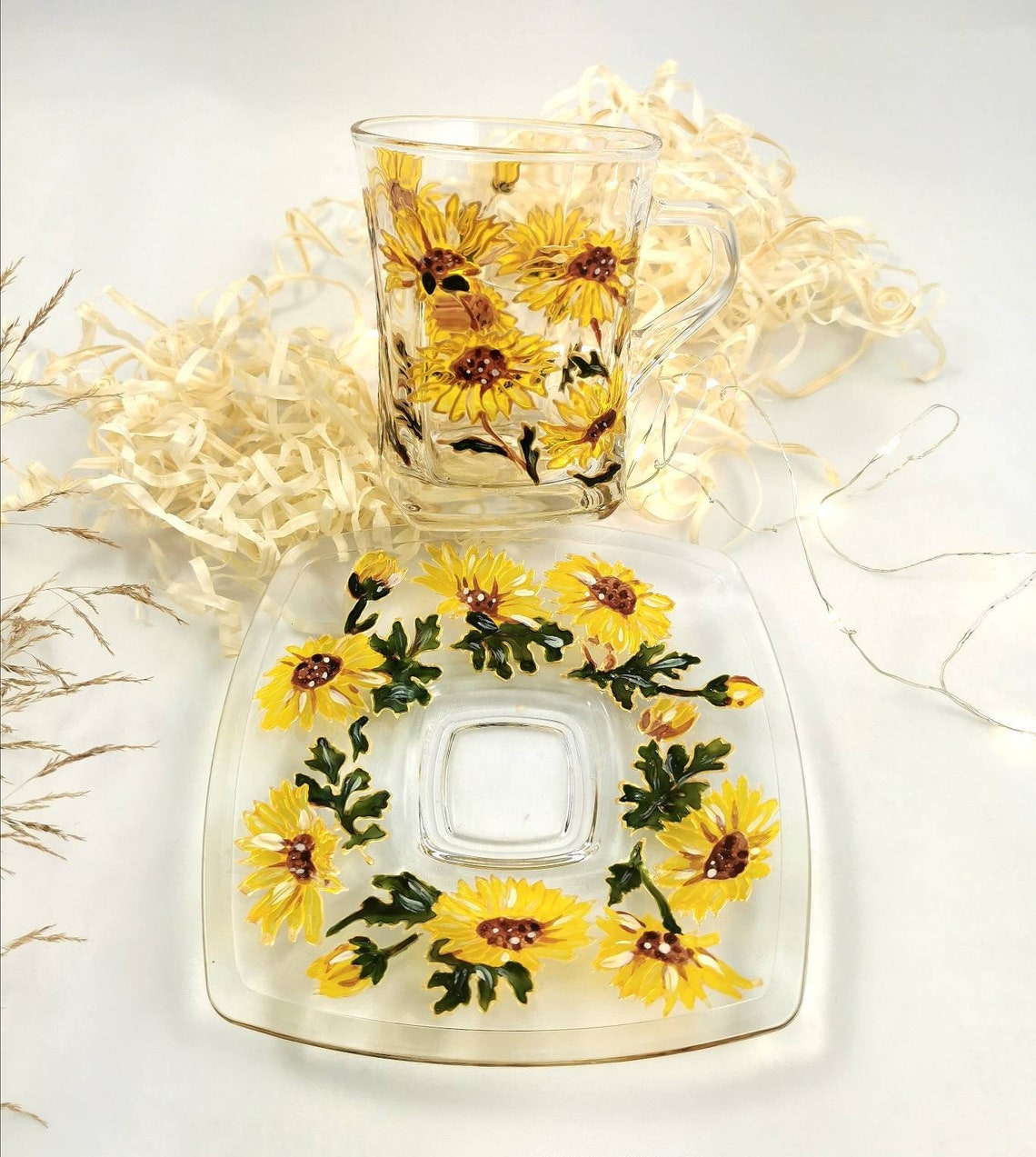 Hand Painted Yellow Daisies Flowers Glass Mug Tea Coffee Set | Etsy