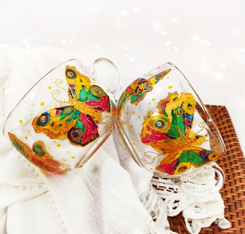 Hand Painted Rainbow Butterfly Big Glass Mug Butterfly Cup - Etsy