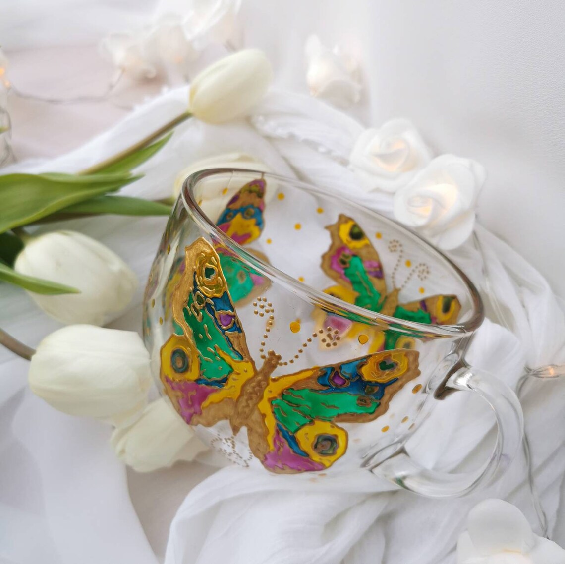 Hand Painted Rainbow Butterfly Big Glass Mug Butterfly Cup - Etsy