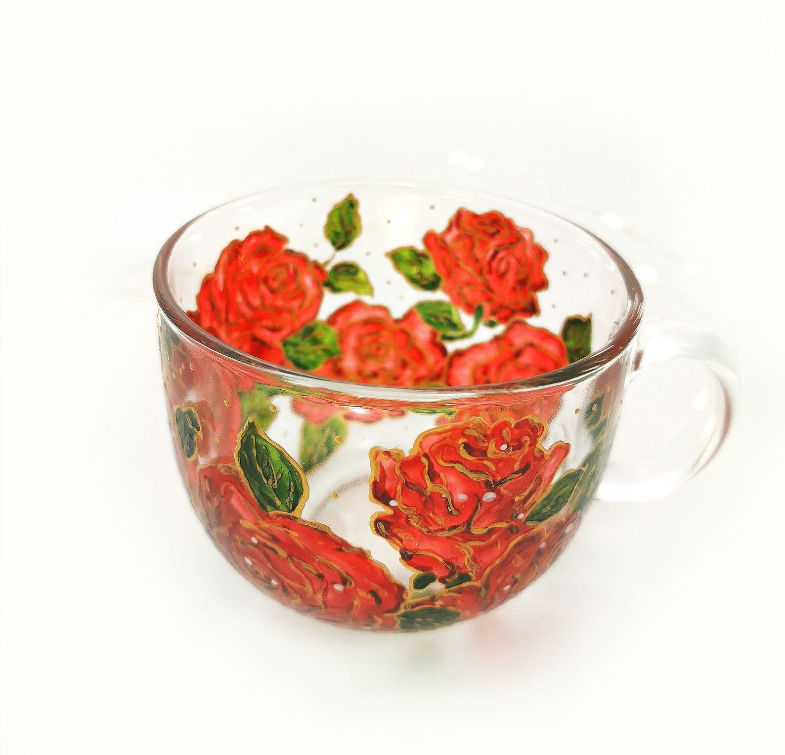 Hand Painted Red Roses Big Glass Mug Office Cup Tea Lovers - Etsy
