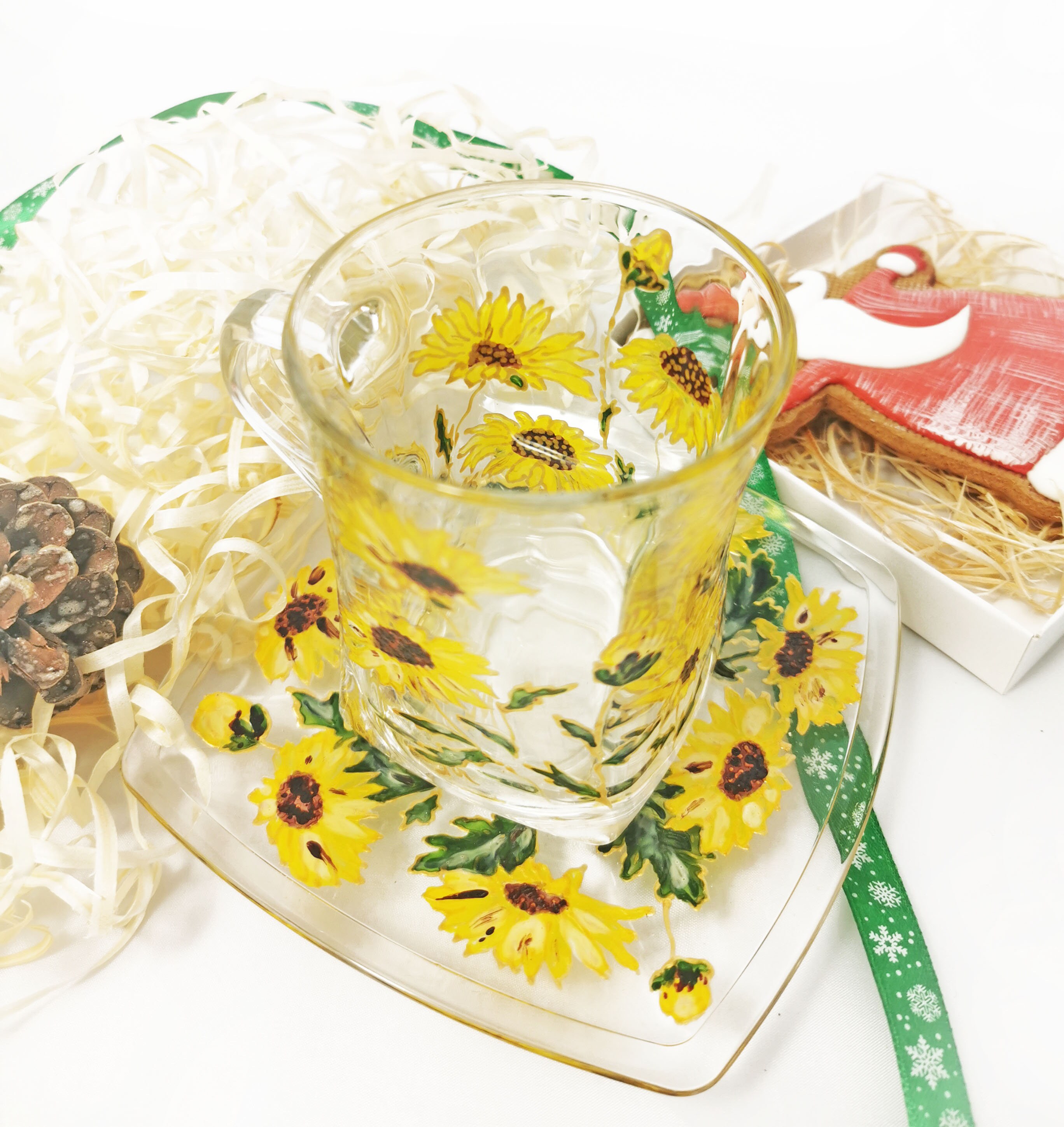 Hand Painted Yellow Daisies Flowers Glass Mug Tea Coffee Set | Etsy