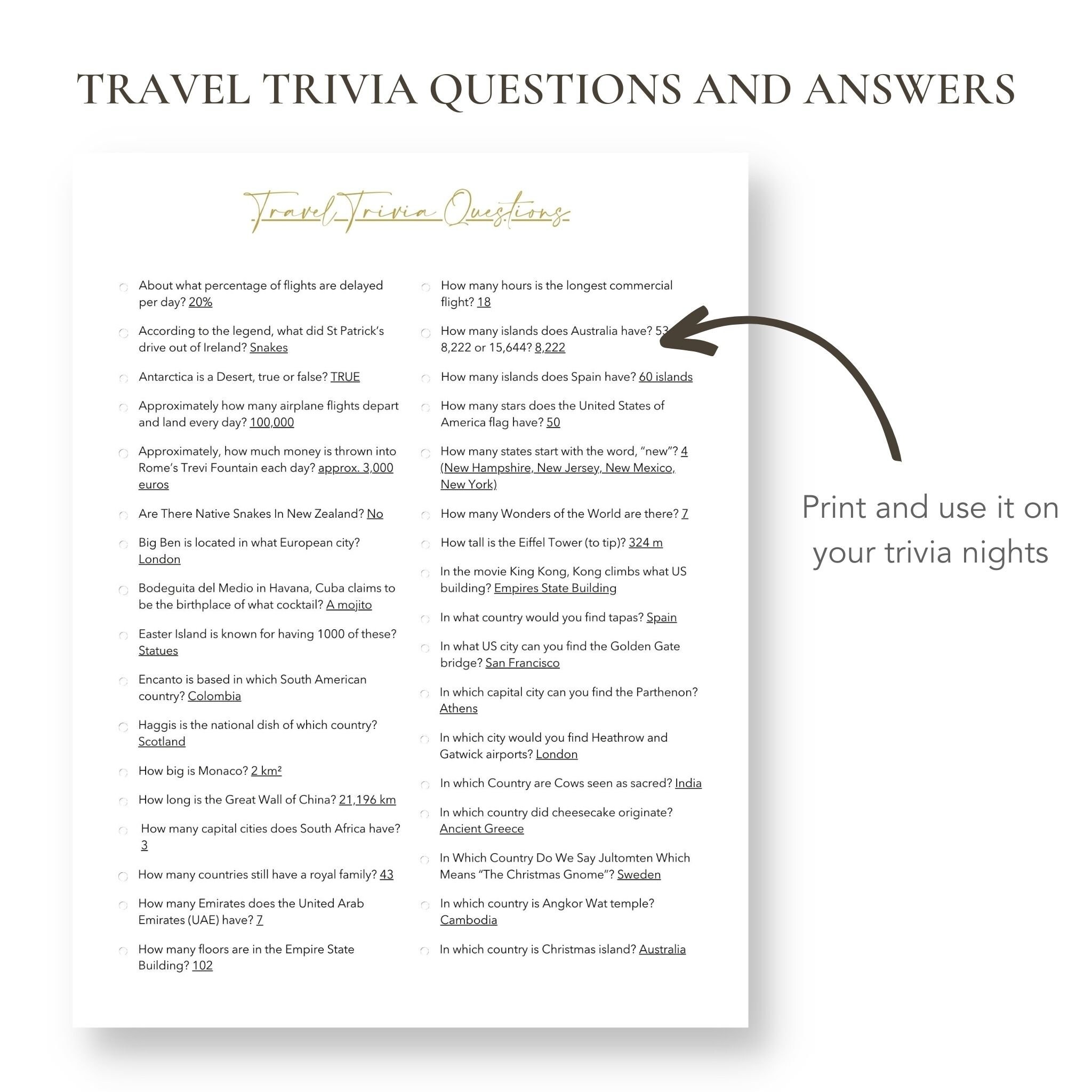 Travel Trivia Questions, Digital Instant Printable Download - Etsy