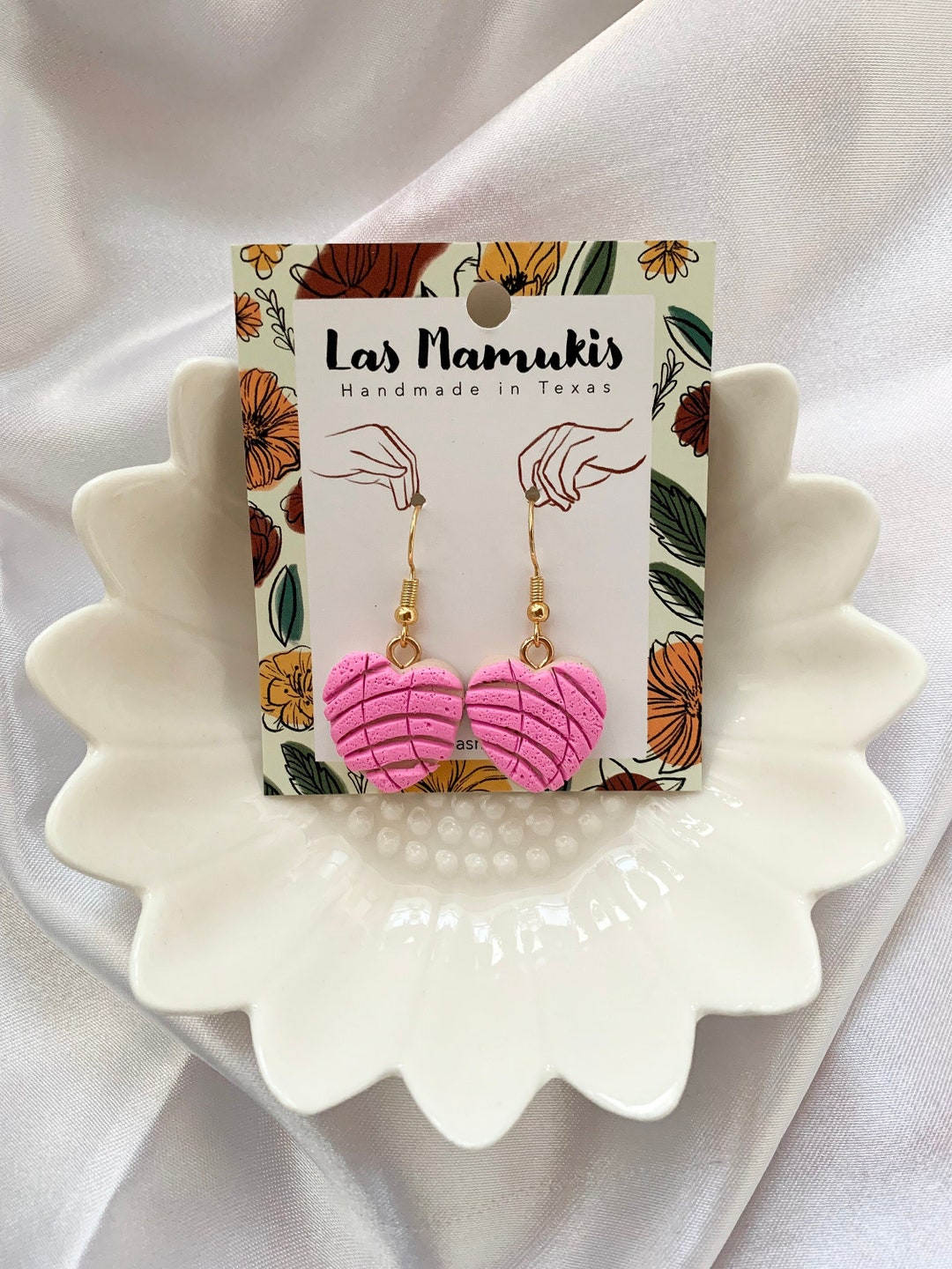Pink Concha Heart Dangles | Concha Clay Earrings | Mexican Pan Dulce ...