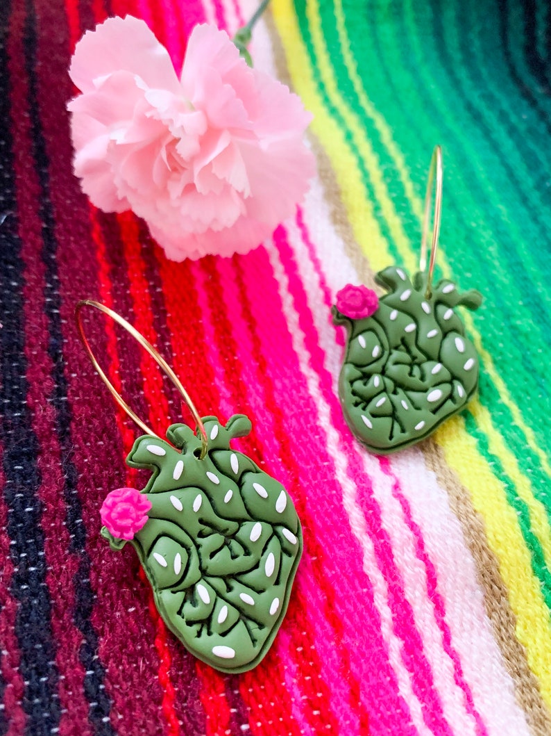 Corazon De Nopal Hoop Earrings Anatomical Clay Heart Dangles - Etsy
