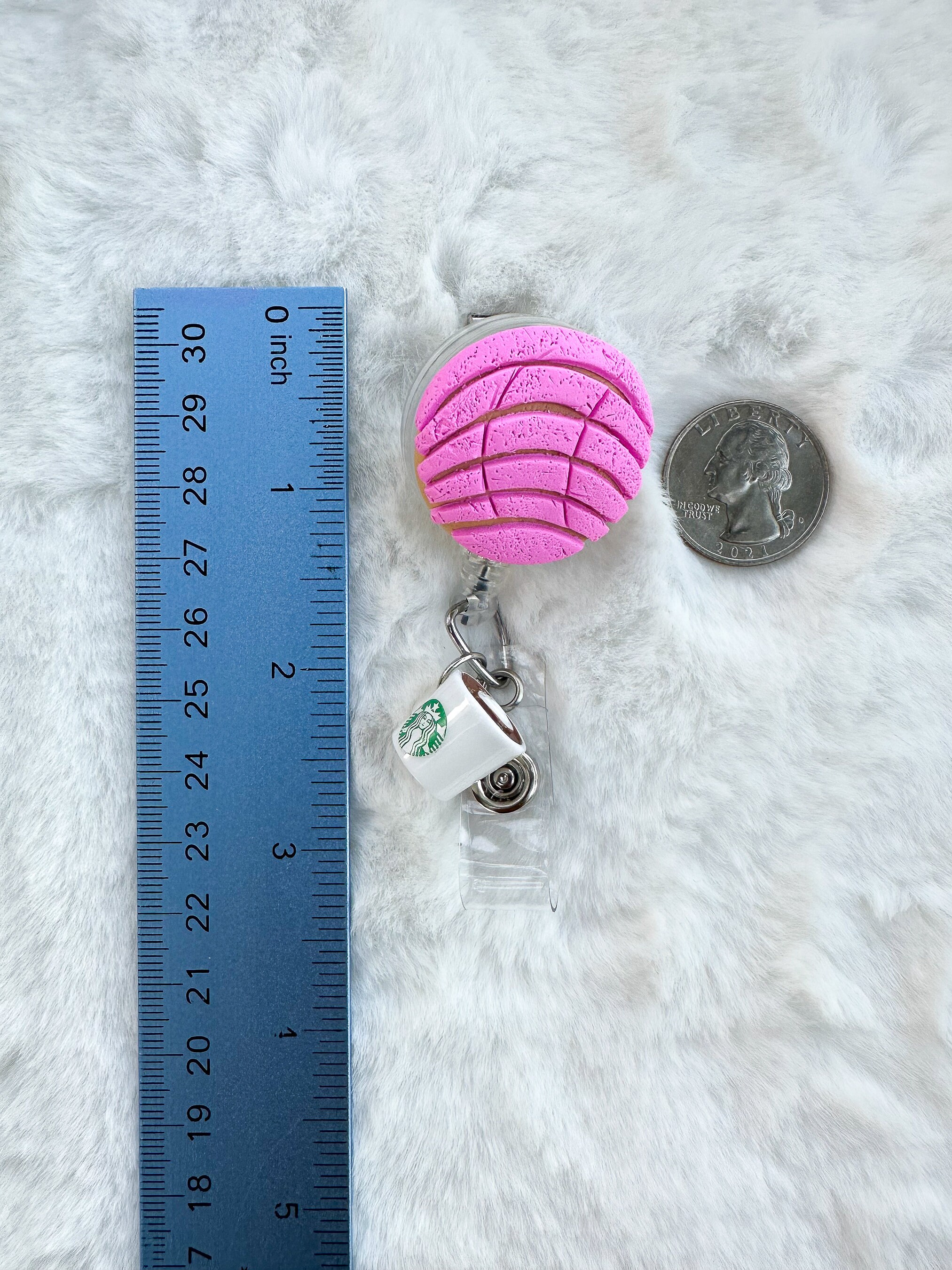 Pink Concha Badge Reel With Coffee Cup Charm | Handmade Polymer Clay ...