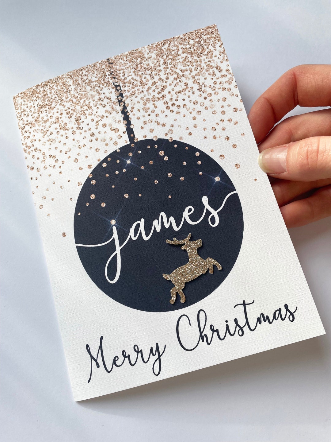 Personalized Bauble Christmas Card: Glitter Reindeer, Linen Card - Etsy
