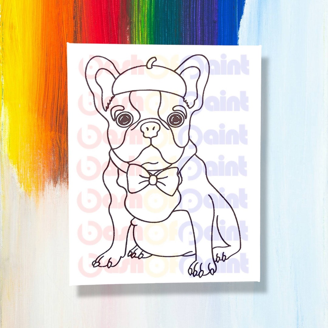 Frenchie W/ Beret Predrawn Canvas Outline Sketch, Kids DIY Paint Sip ...