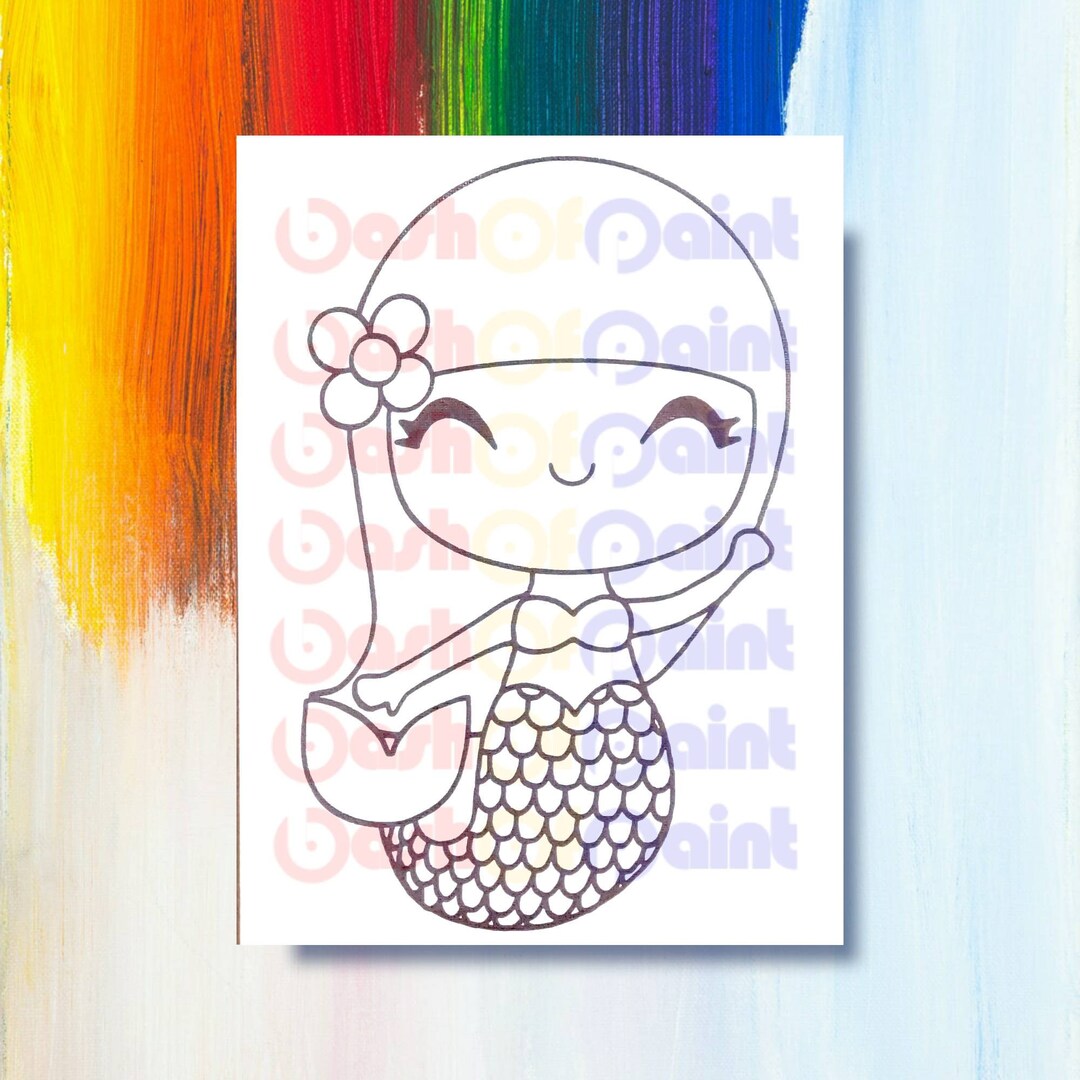 Mermaid Predrawn Canvas Outlined Sketch, DIY Kids Paint Sip Party Kit ...
