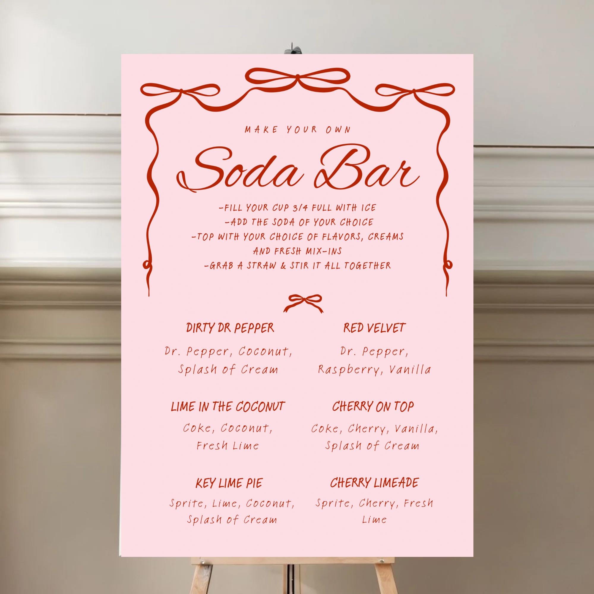 Soda Bar Instructions & Recipes Sign: Pink Coquette Bows (customizable ...