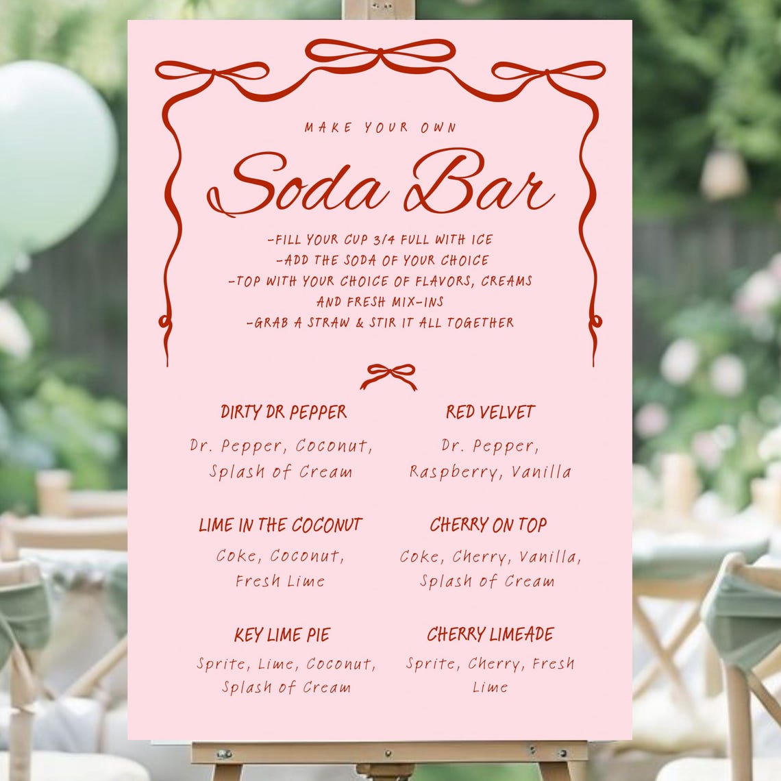 Soda Bar Instructions & Recipes Sign: Pink Coquette Bows (customizable ...
