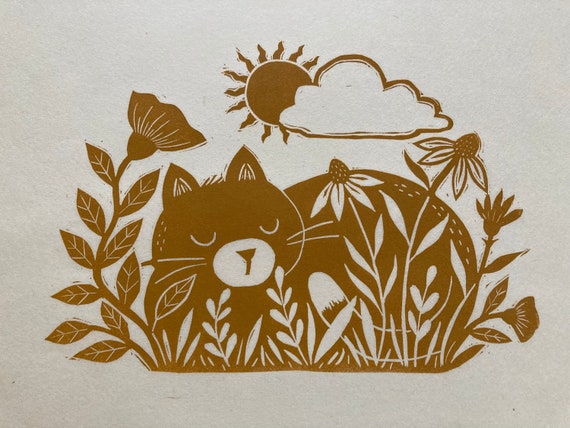 Original Linocut Print garden Cat | Etsy