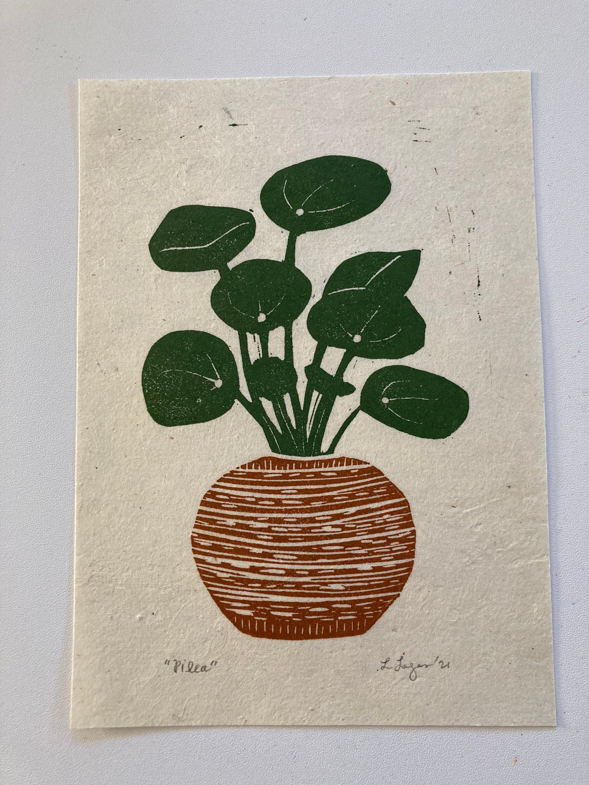 Original Linocut Print, "pilea" - Etsy