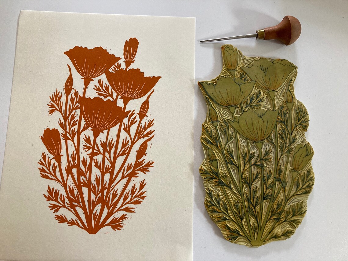 Original Linocut Print california - Etsy