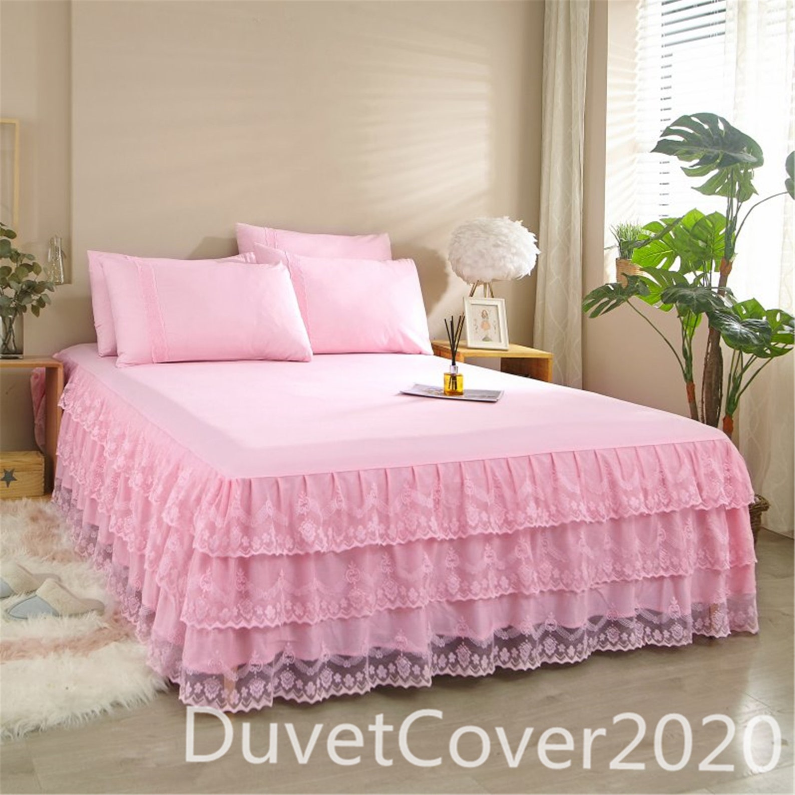 Lovely Solid Pink Bed Skirt Queenlace Bed Skirtsbedskirts Etsy