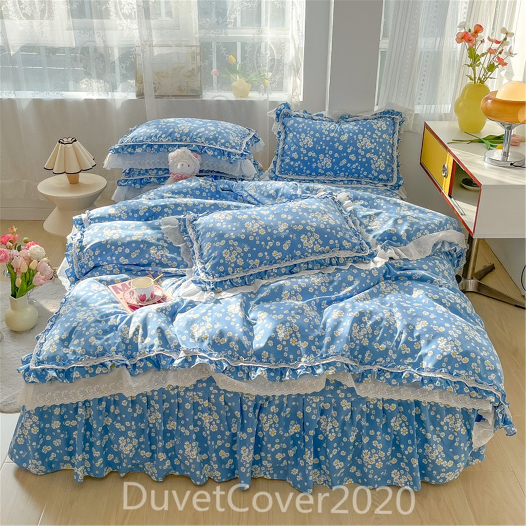 Princess Lace Duvet Cover Twin/full,4 PC Set Blue Floral Ruffles Duvet ...