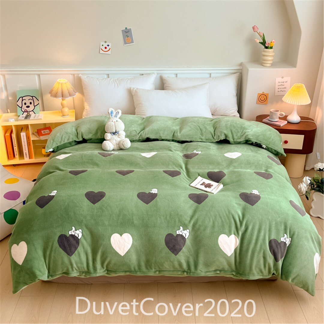 Warm Flannel Green Duvet Cover Twin/full/queen/king,heart Print Bedding ...