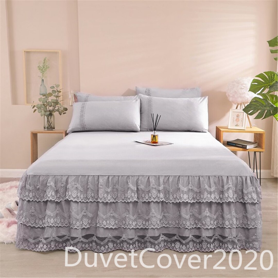 Minilist Solid Gray Bed Skirt Queenlace Bed Skirtsbedskirts Etsy