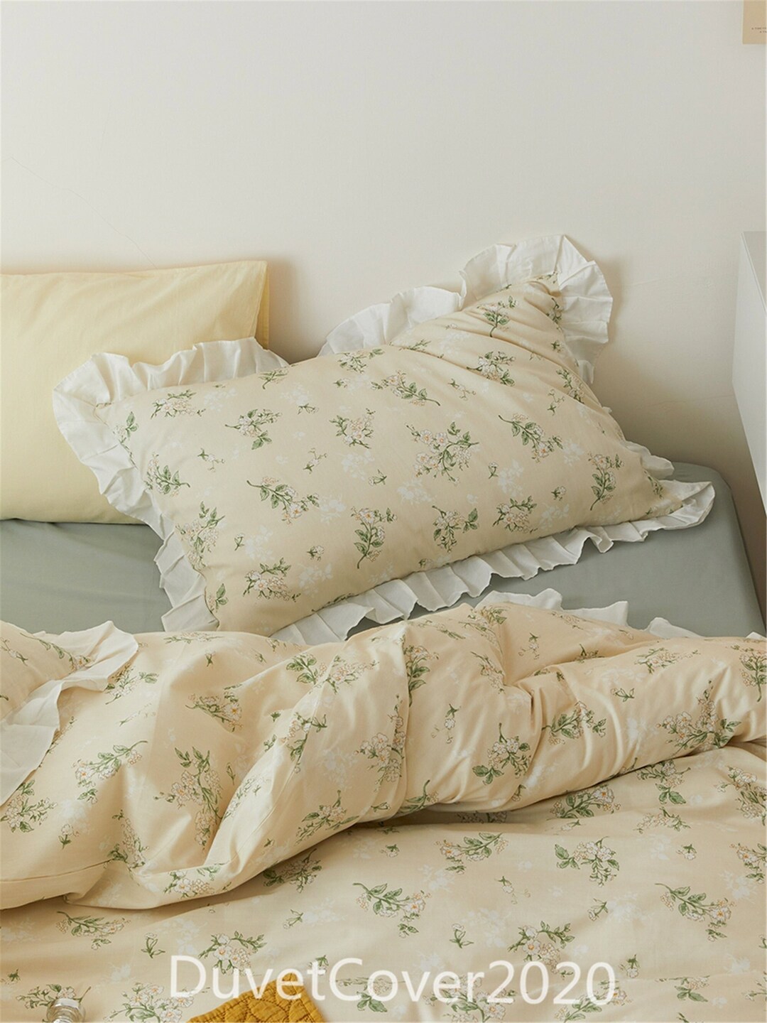 A Pair of Pillowcases,100% Cotton Beige Floral Pillow Shame,ruffle ...