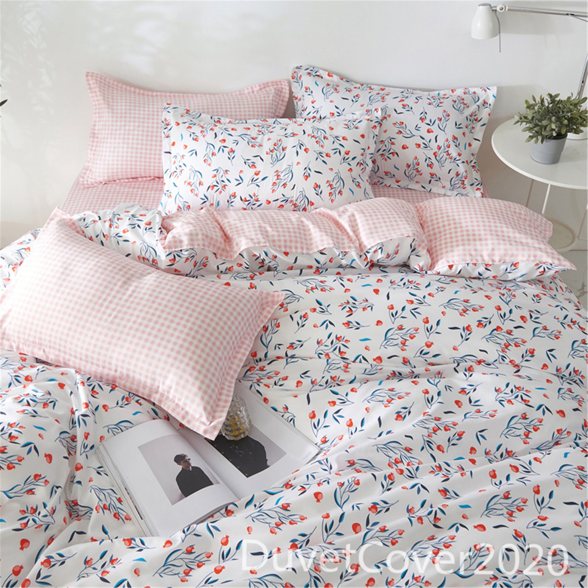 Pink White Floral Duvet Cover Queen Twin Single Doublebedding Etsy