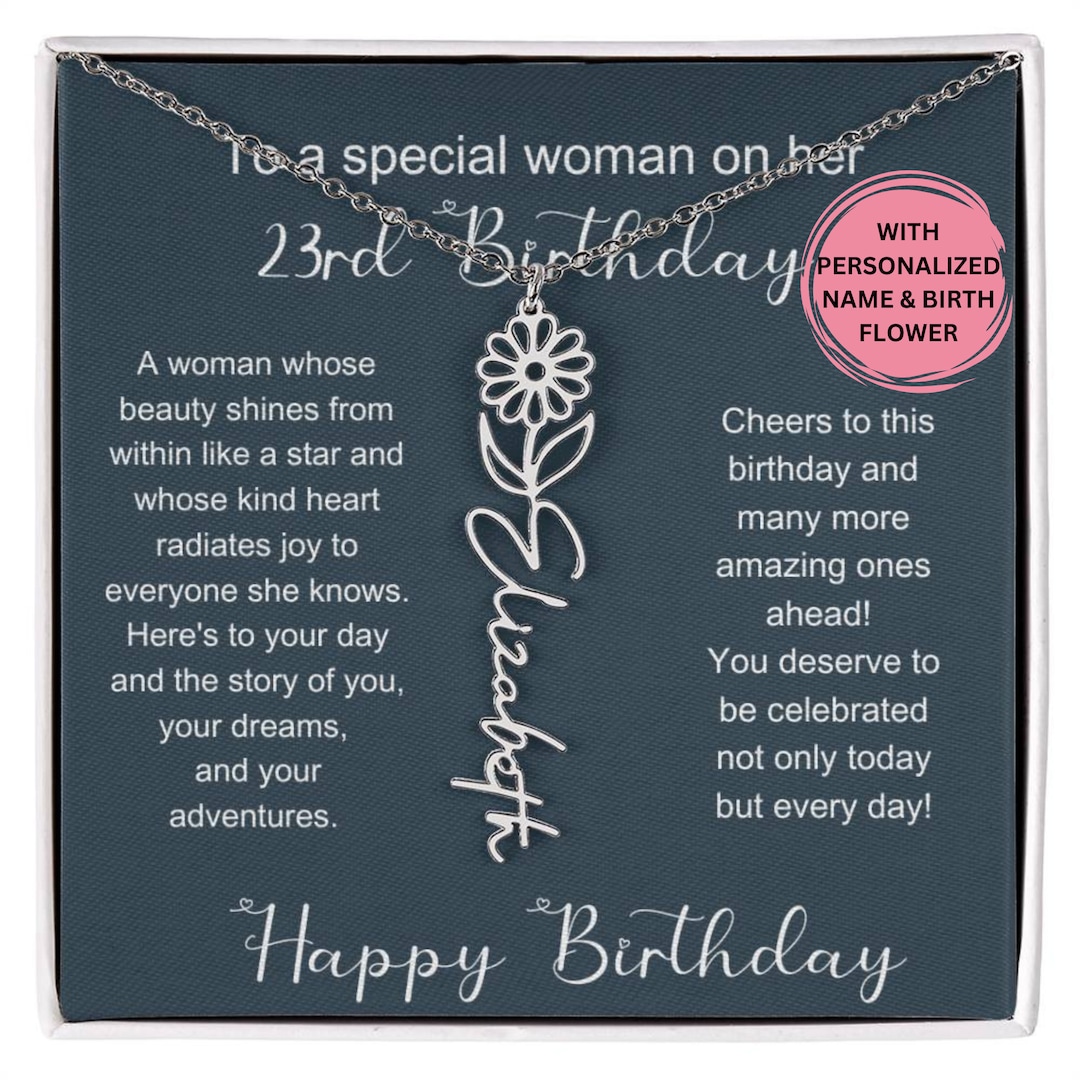 23rd Birthday Silver Birthmonth Flower Necklace With Name, 23rd ...