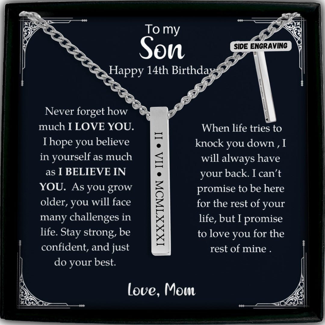 14th Birthday Personalized Roman Letter Bar Necklace With Birth Date ...