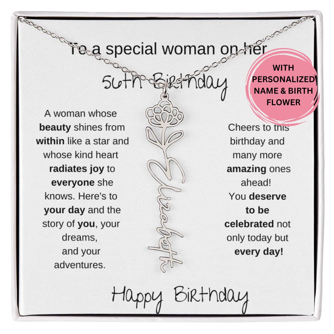 Happy 56th Birthday Birthflower Name Necklace, Gift for A Woman Turning ...
