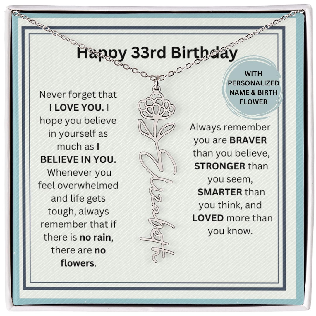 Gift for 33 Year Old Birth Flower Name Necklace, Personalized 33rd ...