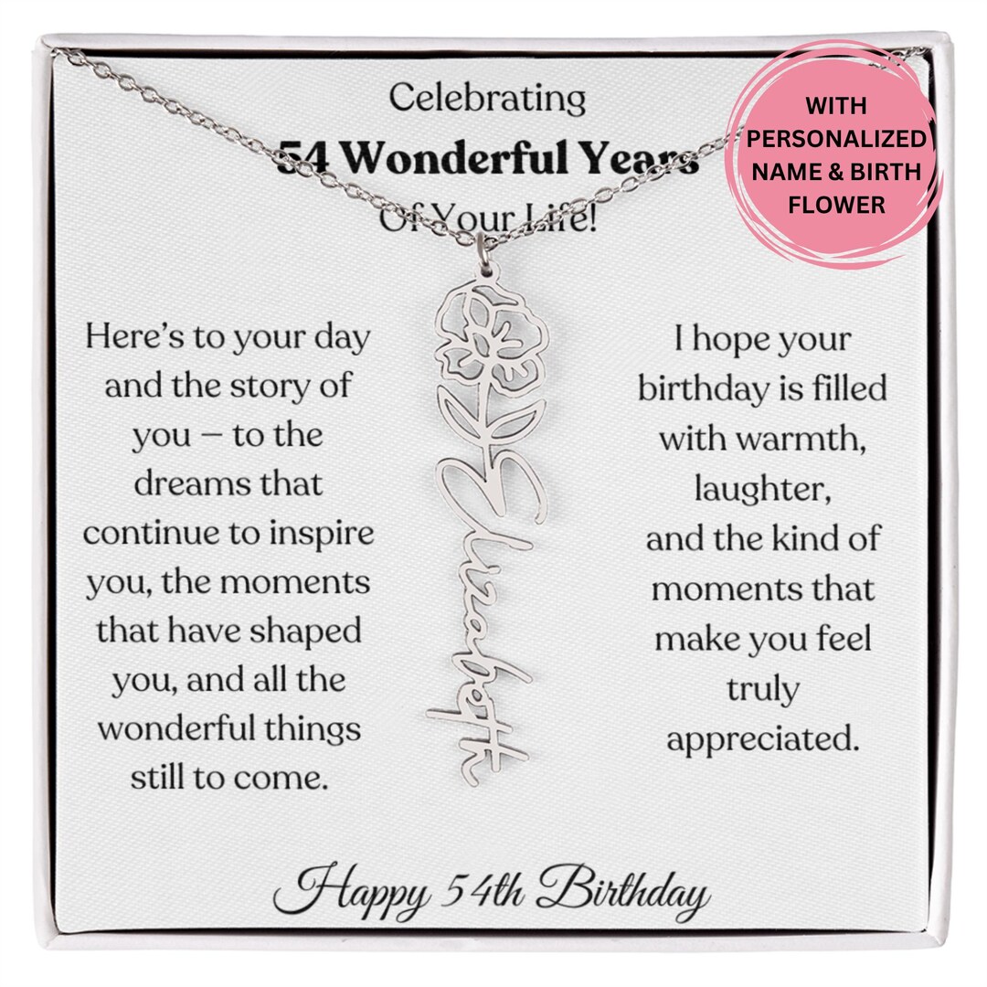 Birth Flower Name Necklace 54th Birthday Gift for Woman, Personalized ...