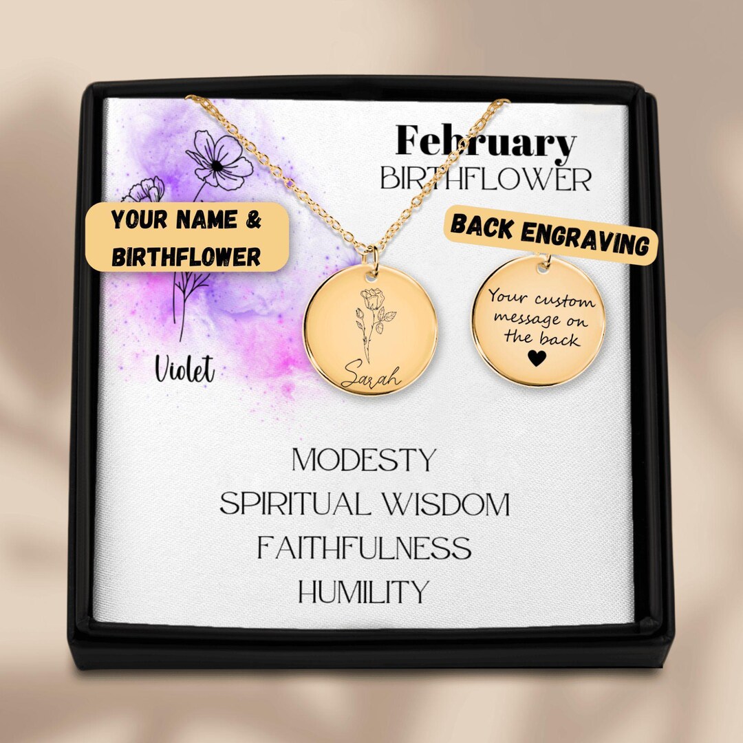 Custom Birth Flower Disk Necklace, Gift for Friends Birthday February ...
