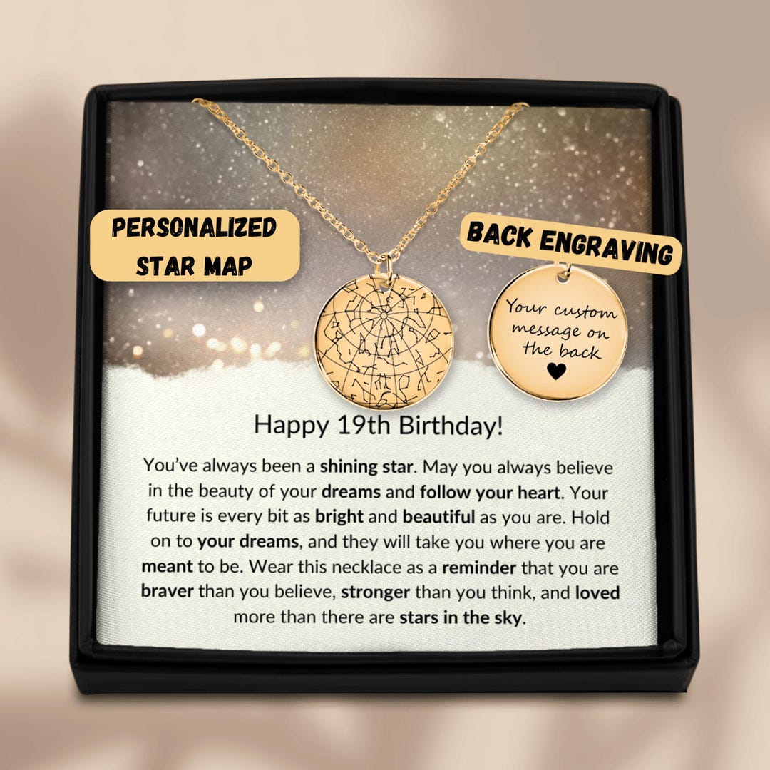 19th Birthday Star Map Necklace by Date, 19th Birthday Gift, Nineteenth ...