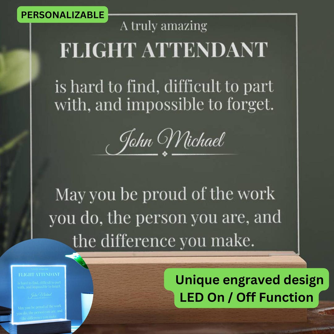 Personalized Flight Attendant LED Plaque, Engraved Acrylic Airline Crew ...