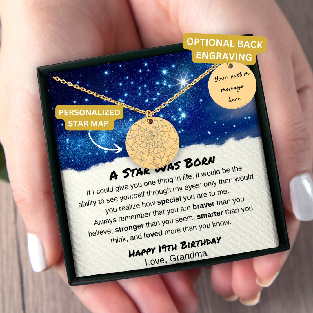 19th Birthday Gift Custom Star Map by Date Necklace, Granddaughter 19th ...