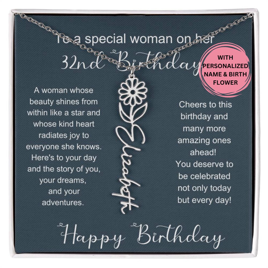 32nd Birthday Silver Birthmonth Flower Necklace With Name, 32nd ...