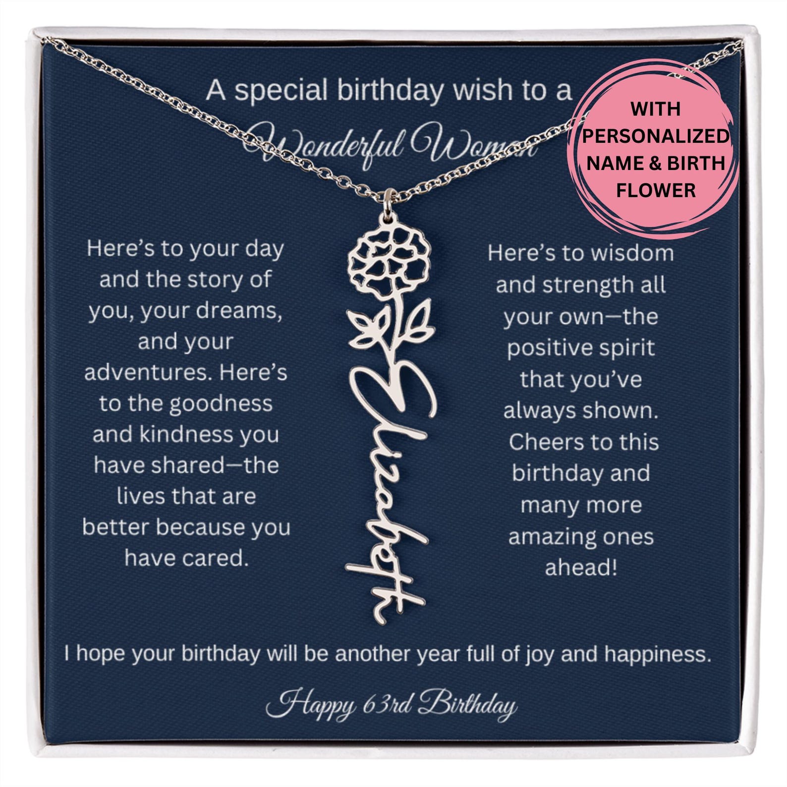 63rd Birthday Birth Flower Necklace, 63rd Birthday Card Name Necklace ...