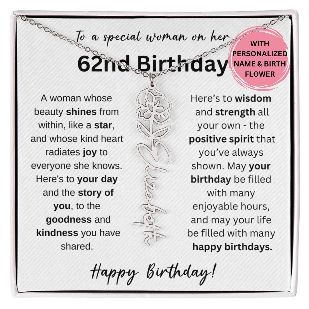 62nd Birthday Birth Flower Necklace, 62nd Birthday Gift, 62nd Gift for ...