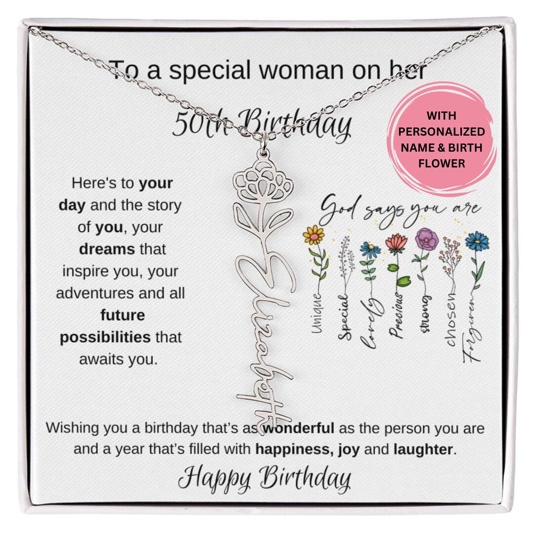 50th Personalized Christian Birthday Gift Birthflower Name Necklace ...