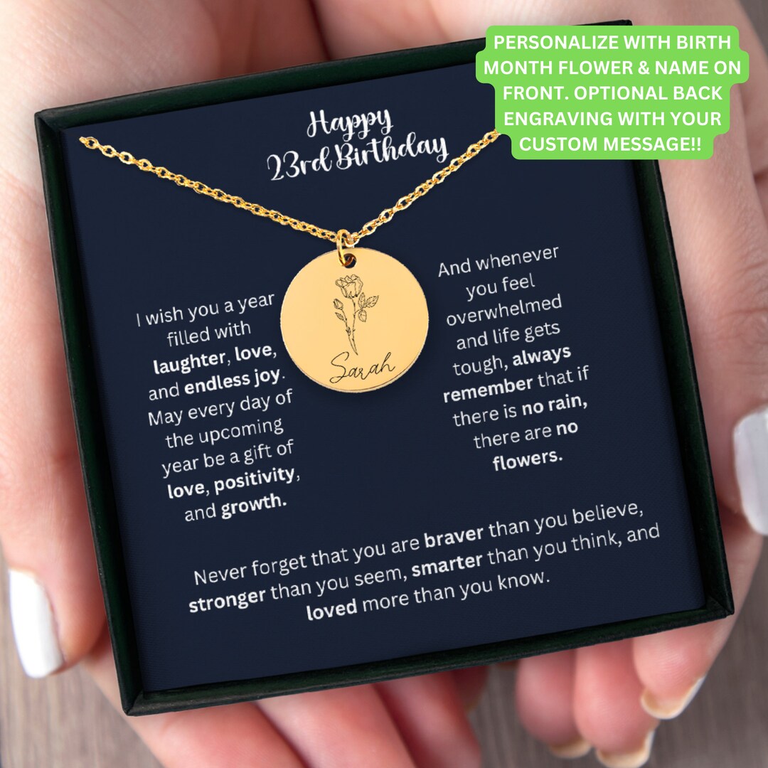 Personalized 23rd Birthday Disc Name Birth Month Flower Necklace, 23rd ...