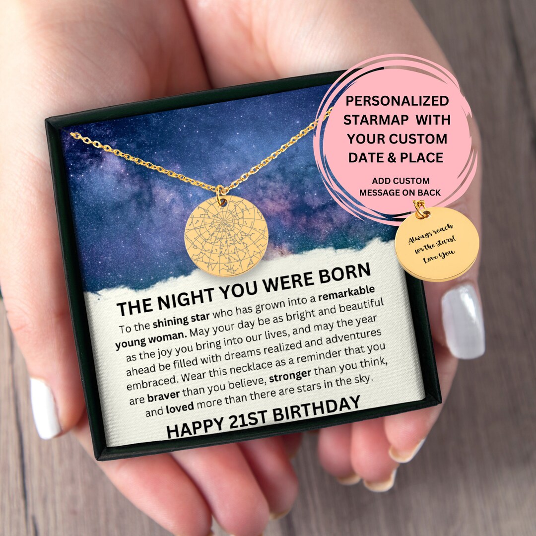 21st Birthday Personalized Star Map Silver Gold Rosegold Necklace, 21st ...