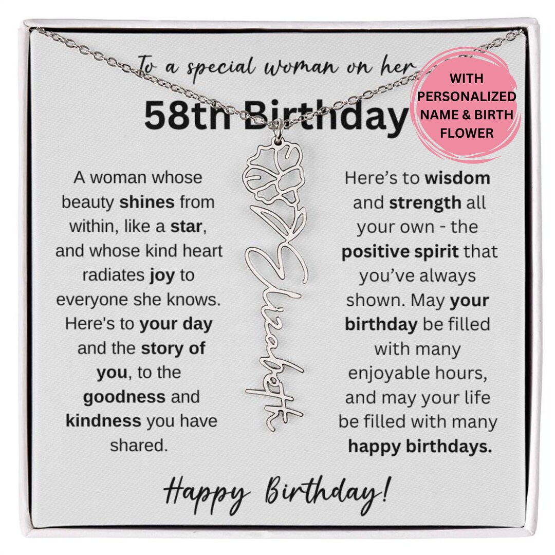58th Birthday Birth Flower Necklace, 58th Birthday Gift, 58th Gift for ...