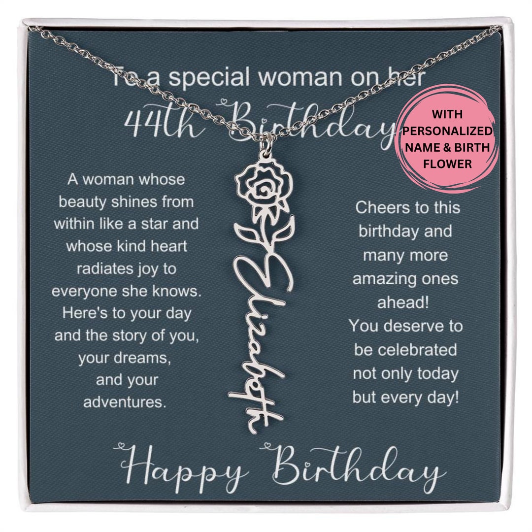 44th Birthday Silver Birthmonth Flower Necklace With Name, 44th ...