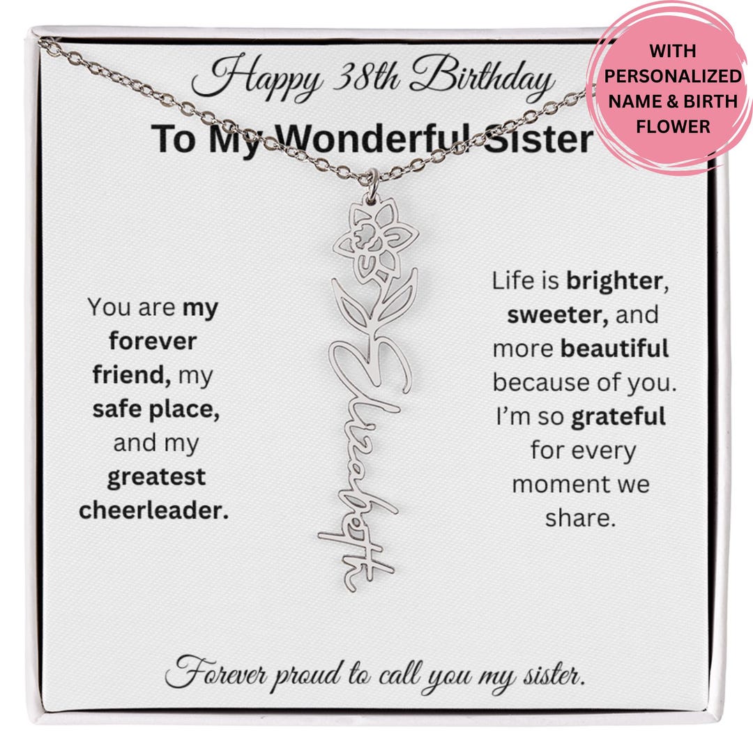 38th Birthday Sister Gift Birth Flower Name Necklace, Personalized ...