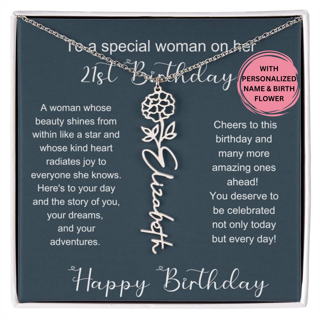 21st Birthday Silver Birthmonth Flower Necklace With Name, 21st ...