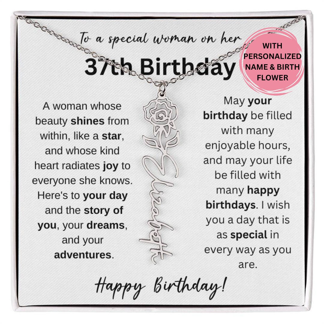 37th Birthday Birth Month Flower Necklace, 37th Birthday Name Necklace ...