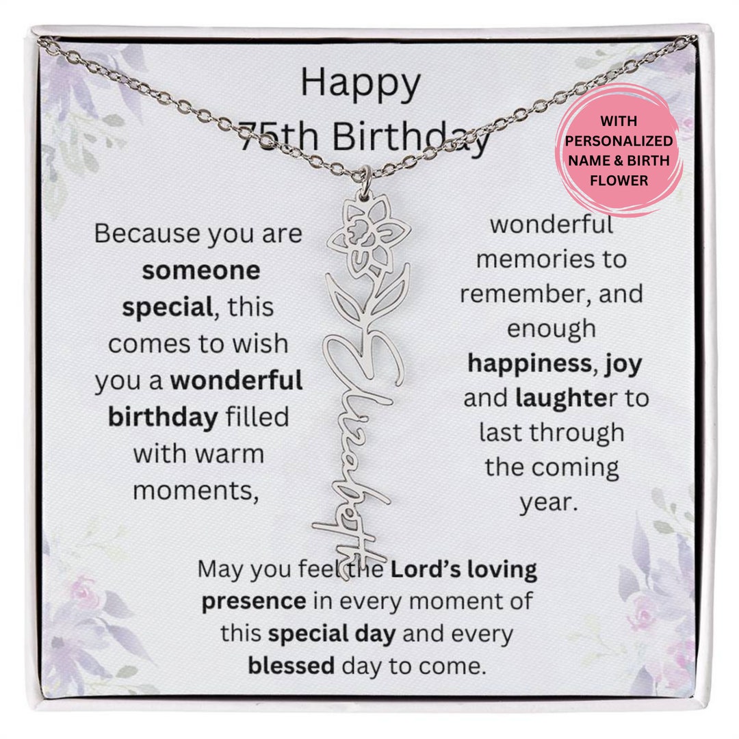 75th Birthday Silver Birthmonth Flower Necklace With Name, 75th ...