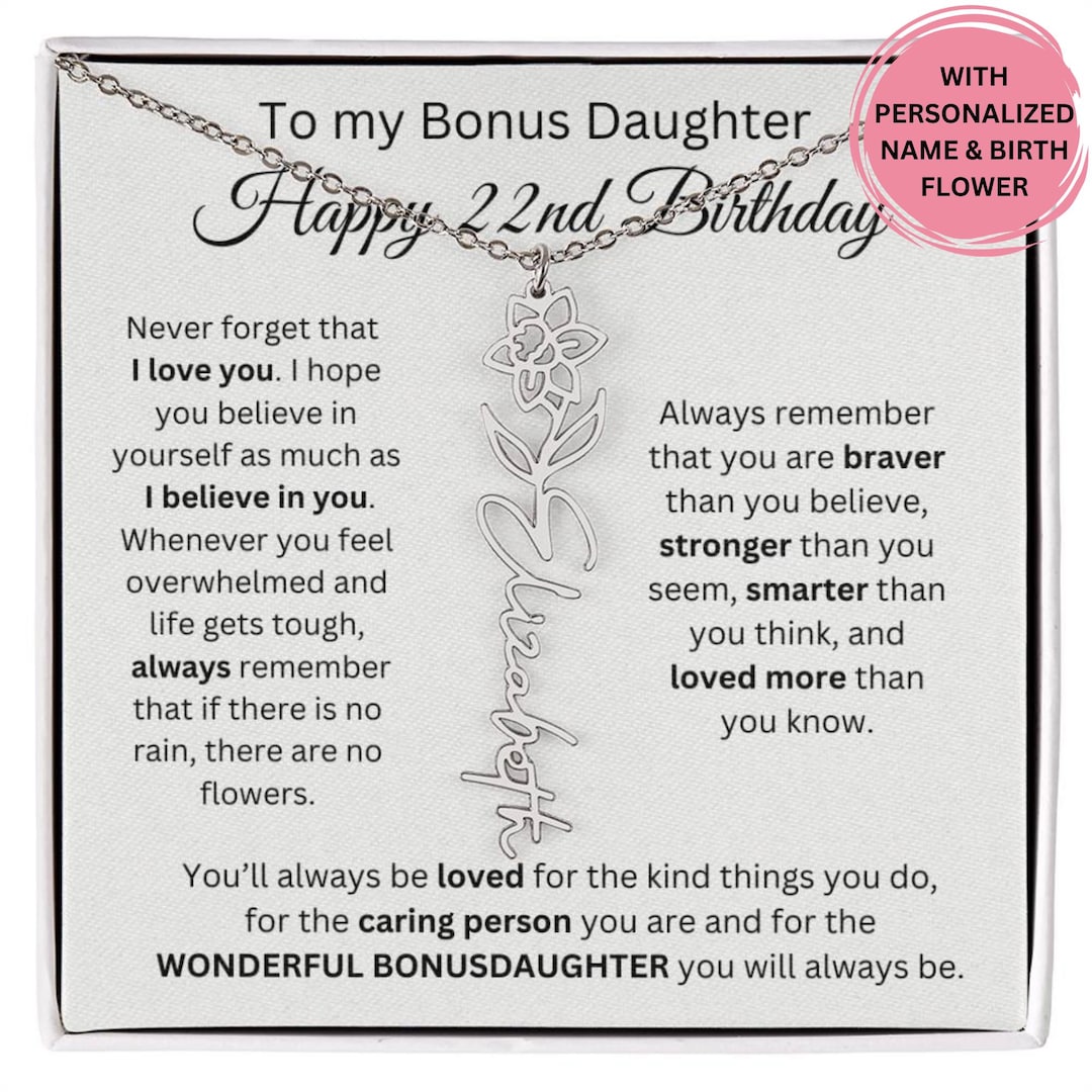 22nd Birthday to My Bonus Daughter Birth Month Flower Name Necklace ...