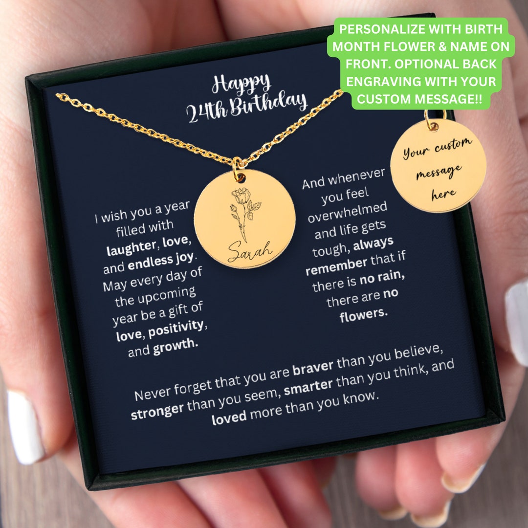 Personalized 24th Birthday Disc Name Birth Month Flower Necklace, 24th ...