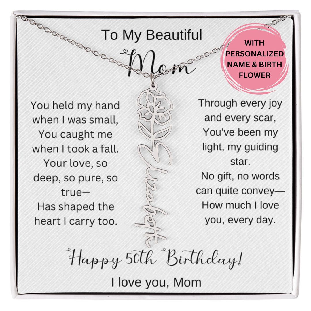 50th Birthday Gift for Mom Birth Flower Necklace With Card ...