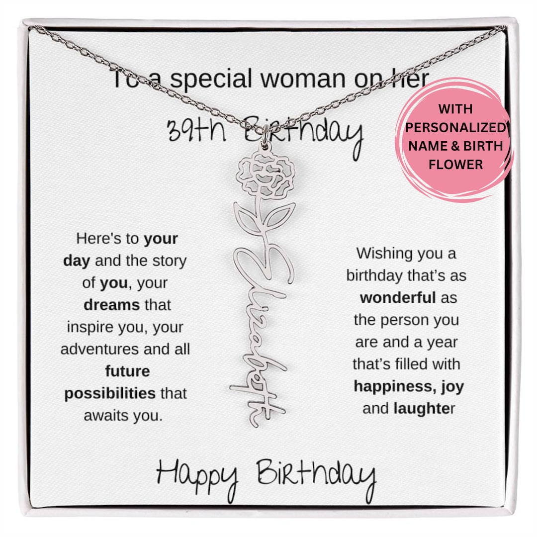 39th Birthday Birthflower Name Necklace , Gift for A Woman Turning 39 ...